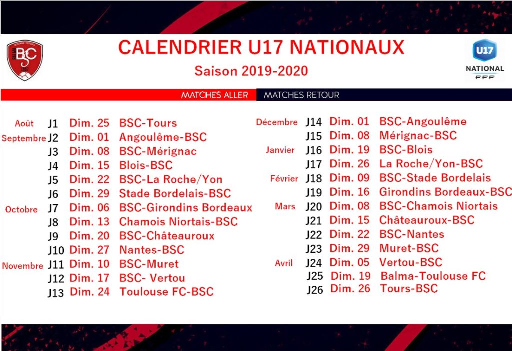 Le calendrier de la saison des U17 nat. – Balma Sporting Club